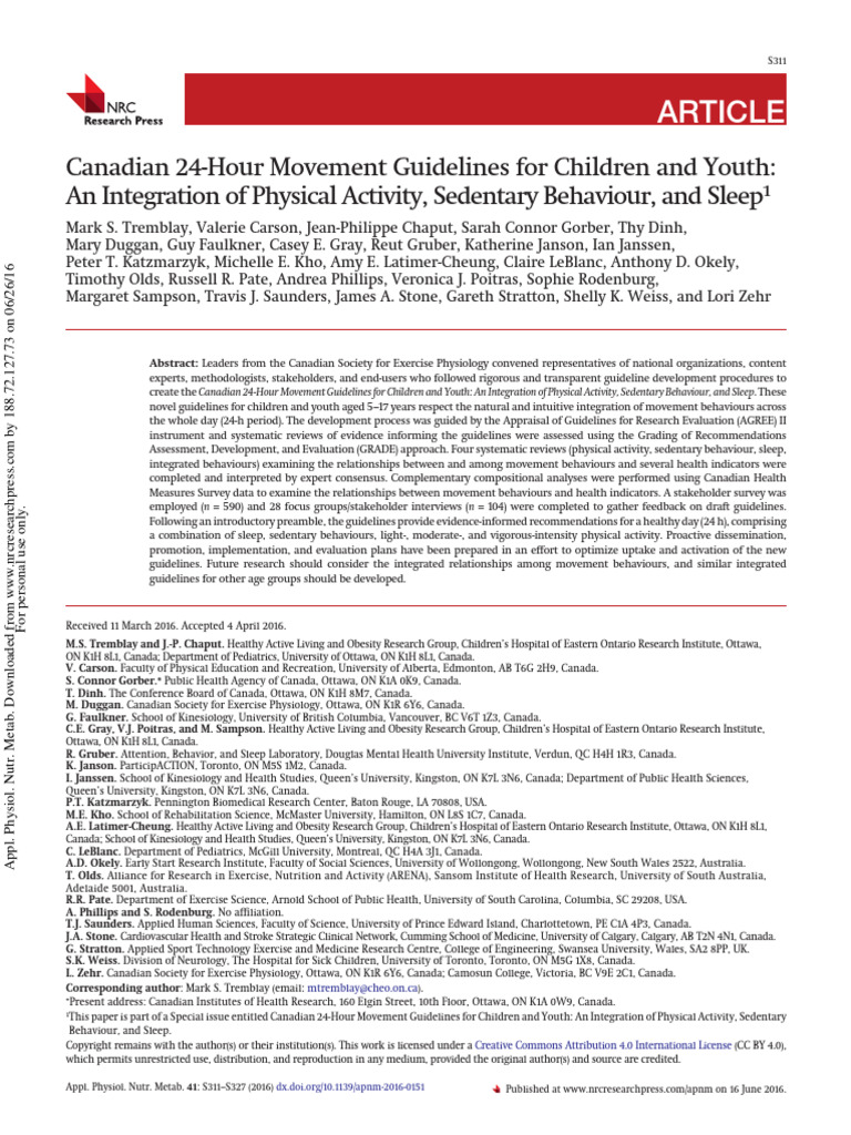 Tremblay MS, Carson V, Chaput J-P, Et Al. Canadian 24-Hour Movement Guidelines For Children and ...