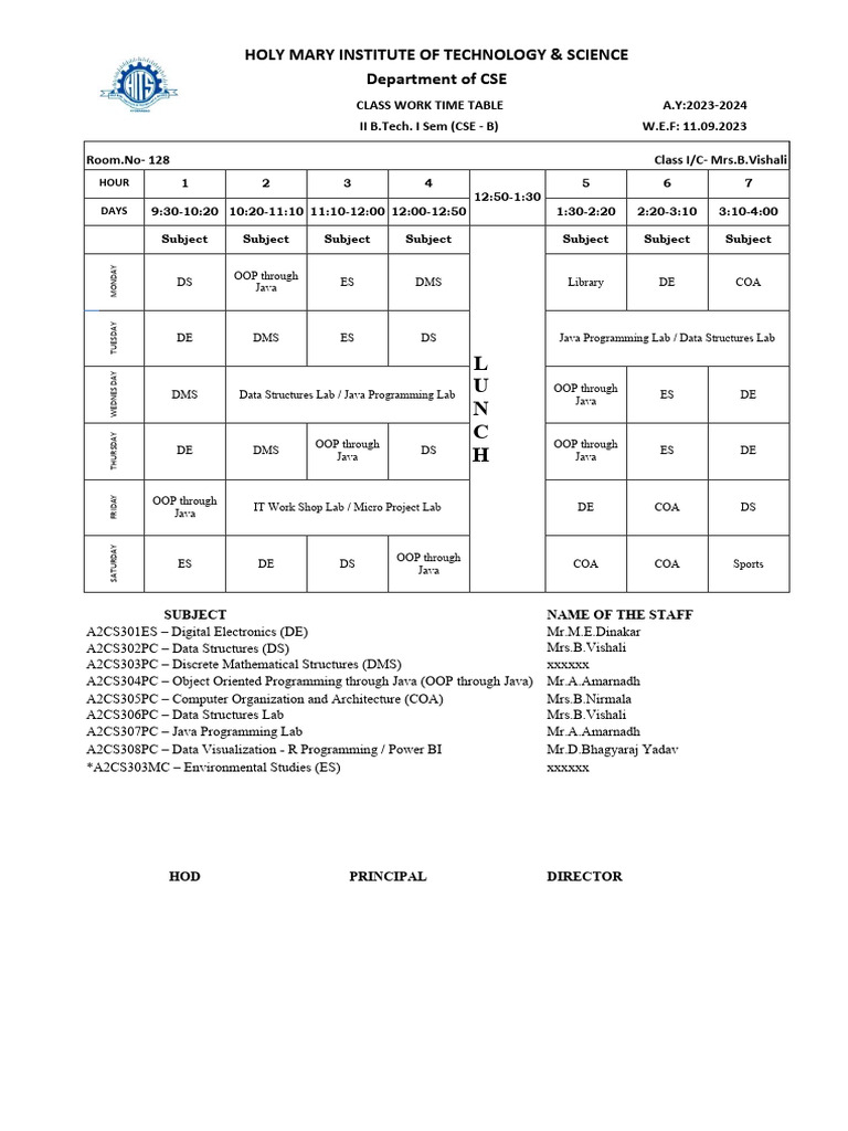 Cse II Year (Sec - B) Timetable 2023-2024 I - Sem W.e.f.11!09!2023 | PDF | Object Oriented ...