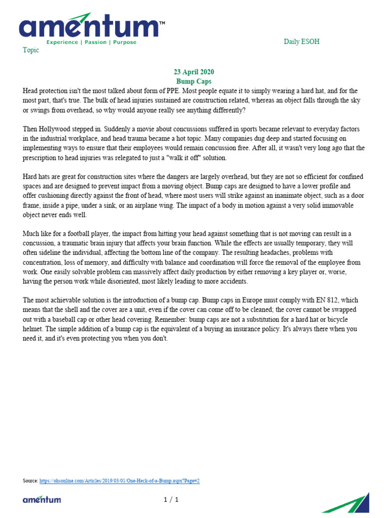 Benefits of Bump Caps for Head Safety | PDF | Concussion | Traumatic ...
