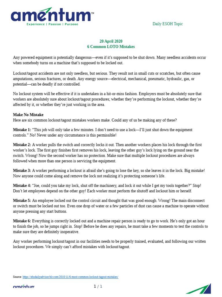 DST - 6 Common LOTO Mistakes 20apr2020 | PDF | Labor Relations