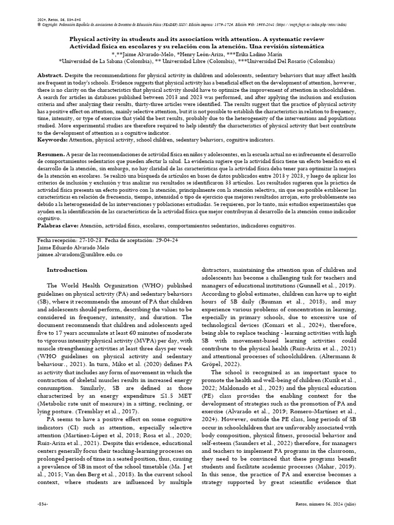 Physical Activity in Students and Its Association With Attention. A Systematic Review | PDF ...