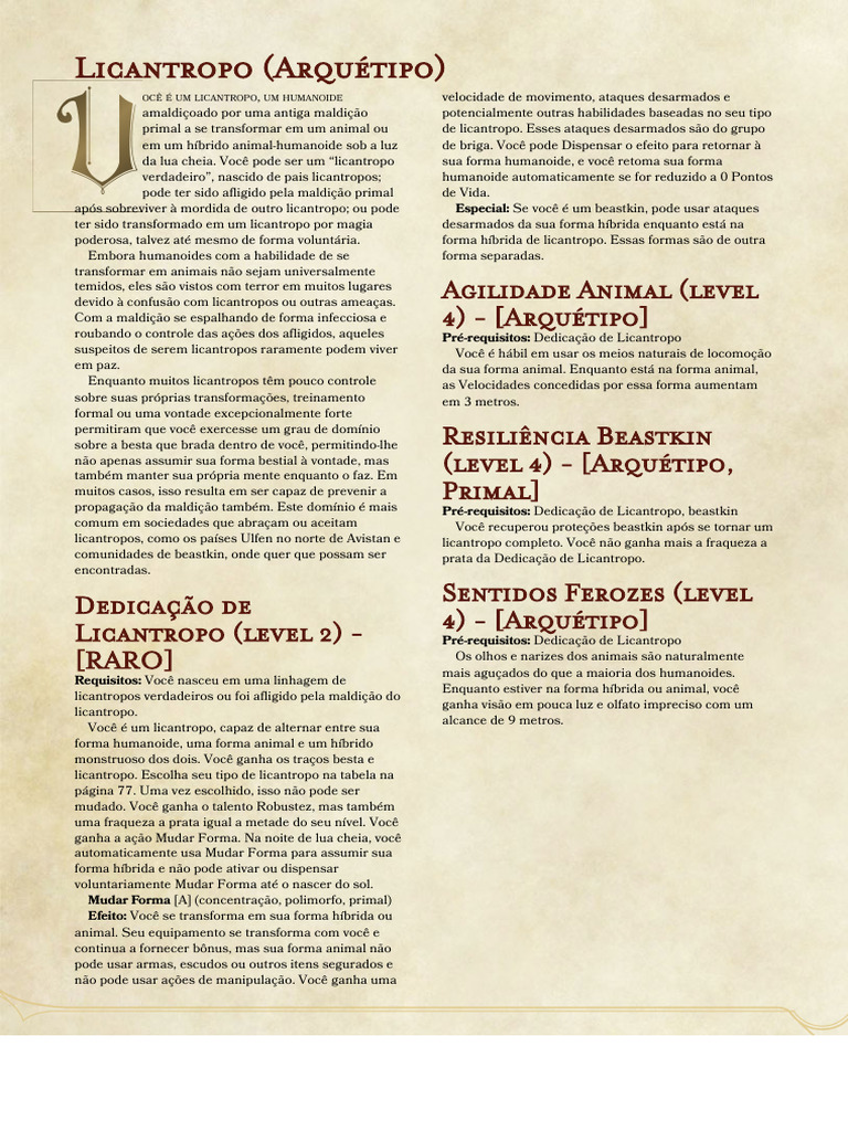 Licantropo: Arquétipo e Habilidades | PDF | Lobisomens | Voo
