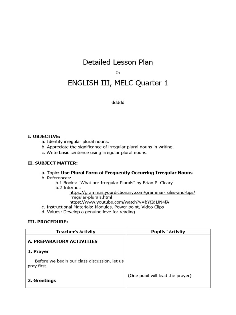 Detailed Lesson Plan | PDF | Plural | Noun