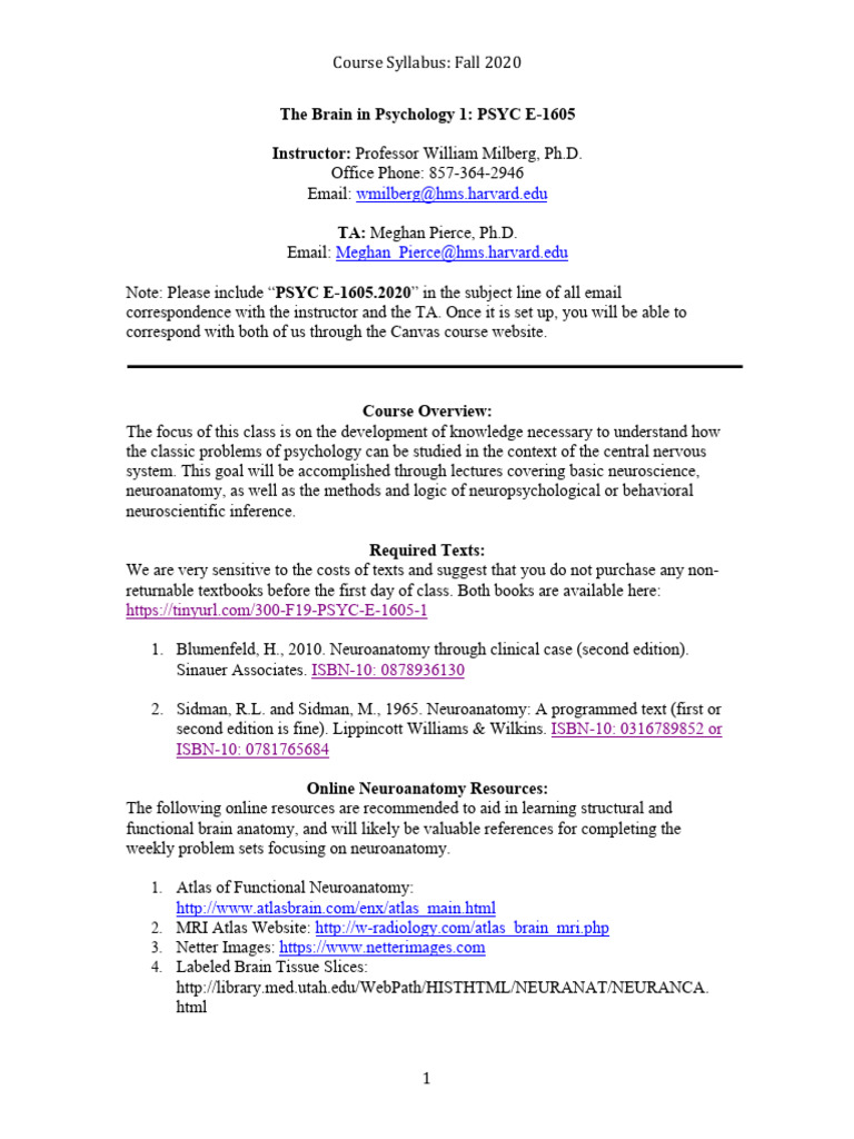 PSYC E-1605: Brain in Psychology Syllabus | PDF | Neuroanatomy ...