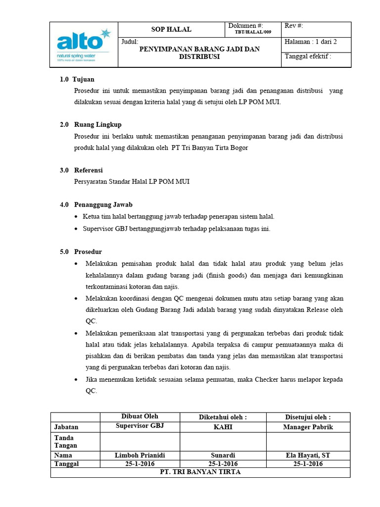 SOP-009 Halal Penyimpanan Barang Jadi Dan Distribusi | PDF