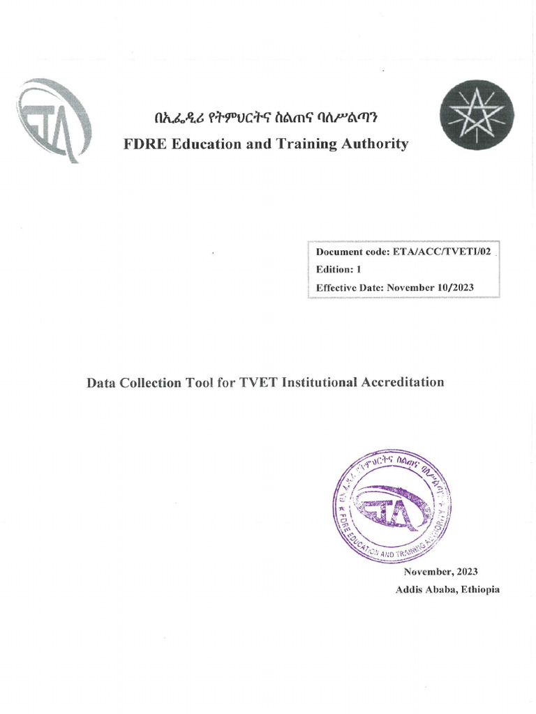 Data Collection Tool For TVET Institutional Accreditation | PDF