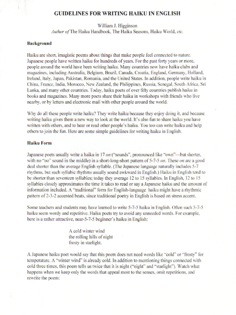 Higginson Guidelines For Writing Haiku | PDF