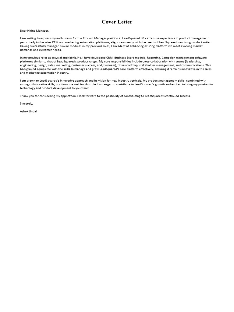 Ashok Jindal - Cover Letter | PDF | Business | Computers