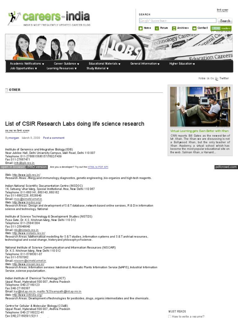 WWW Careers India Com 2009-03-08 List of Csir Research Labs | PDF ...
