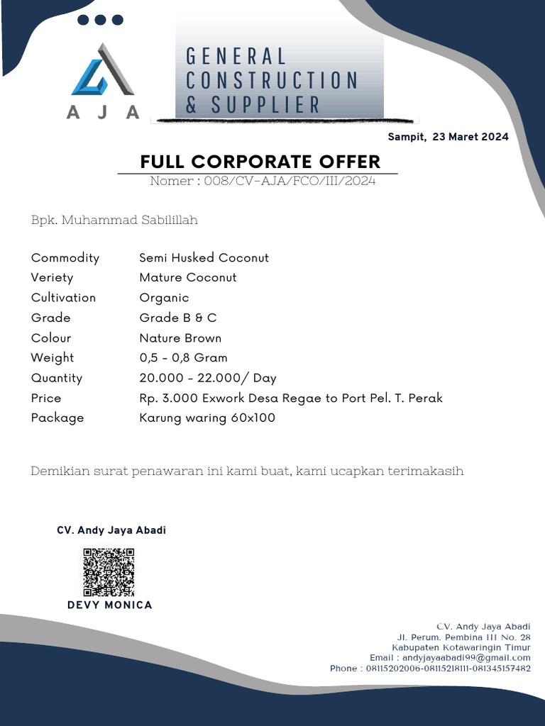 Full Corporate Offer for Semi Husked Coconut | PDF