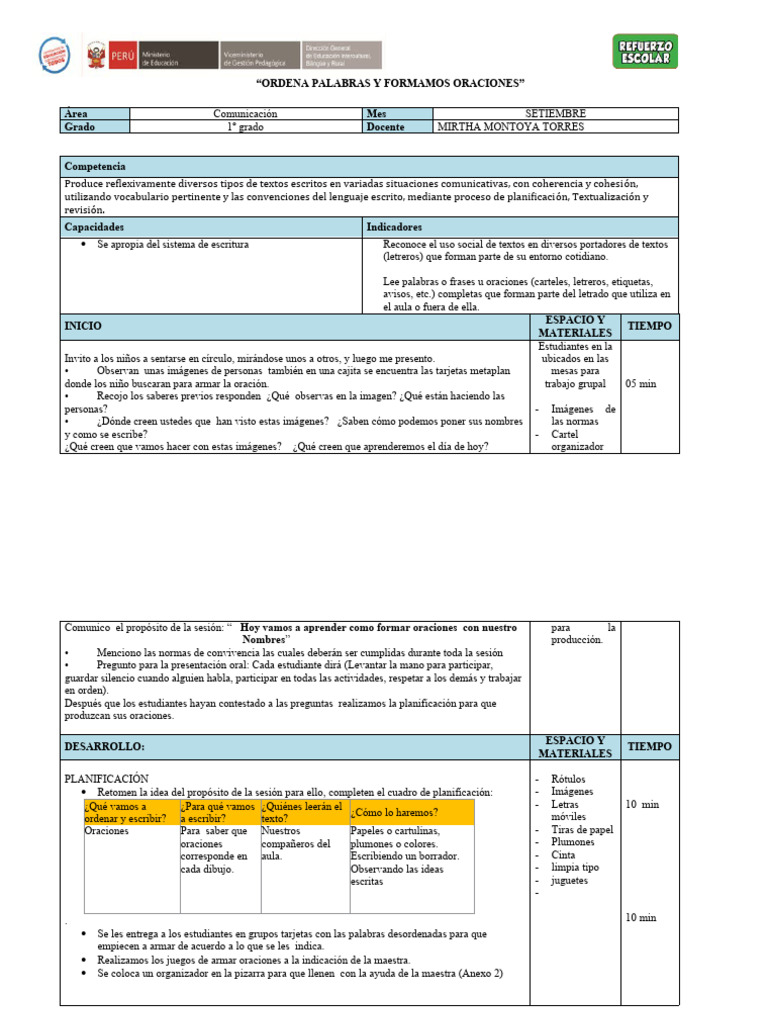1º Sesion Comuni Ordeno Palabras Formo Oraciones | PDF 1º Sesion Comuni Ordeno Palabras Formo Oraciones | PDF