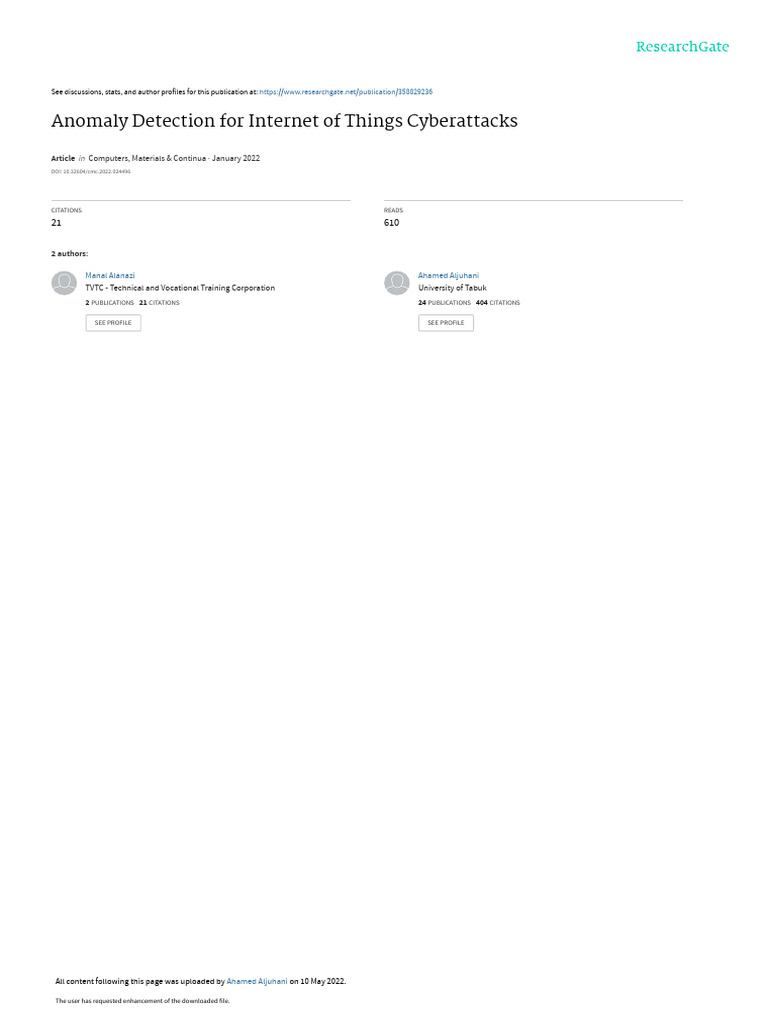 Anomaly Detectionfor Internetof Things Cyberattacks | PDF | Internet Of Things | Computer Security