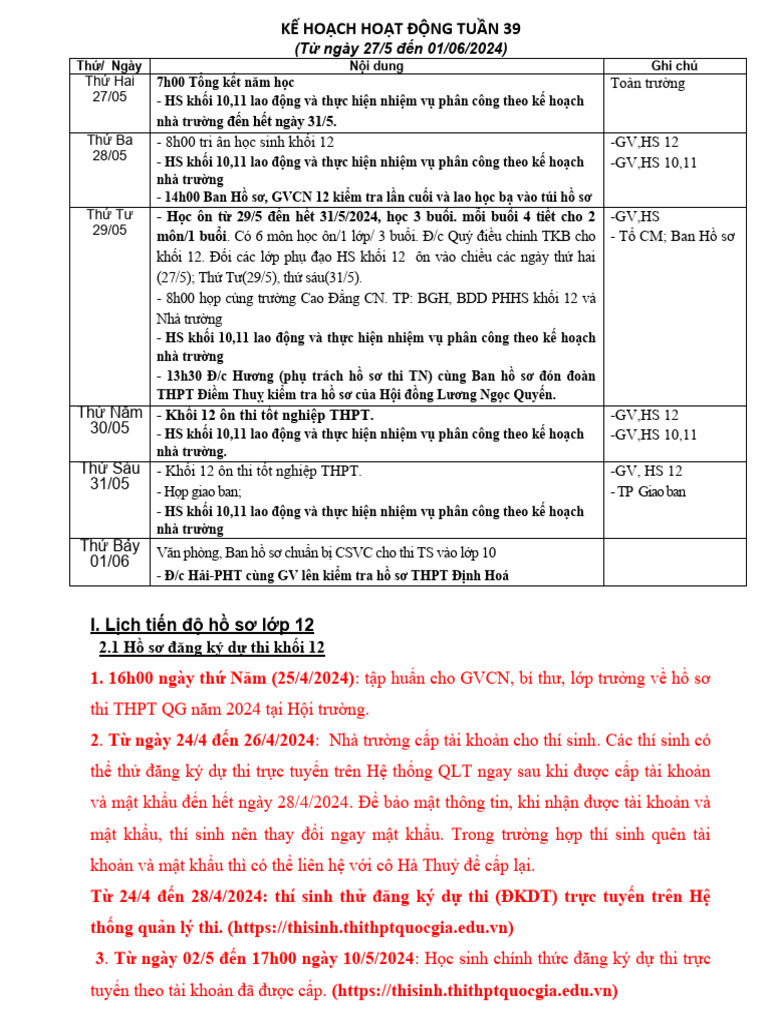 KH HD tuan 39 (Tu 27-5 đến 31-5-2024) | PDF