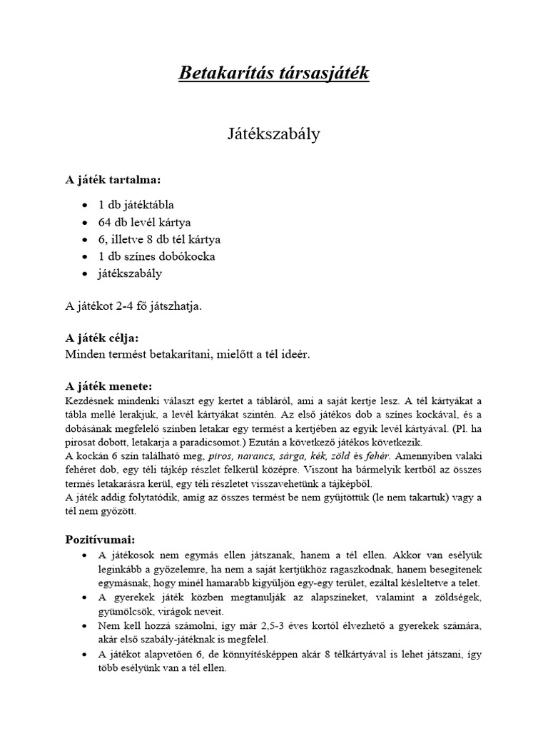 Betakarítás Társasjáték A4es Egyben | PDF