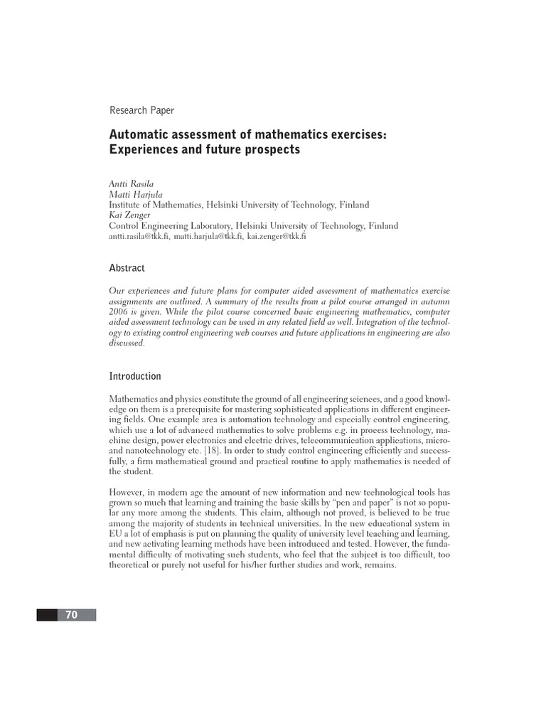 Automatic Assessment of Mathematics Exercises: Experiences and Future ...