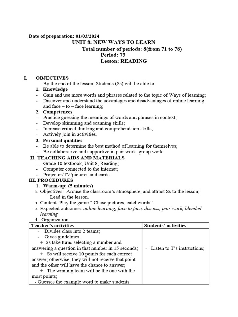 Reading unit 8 grade 10 1 | PDF | Educational Technology | Learning