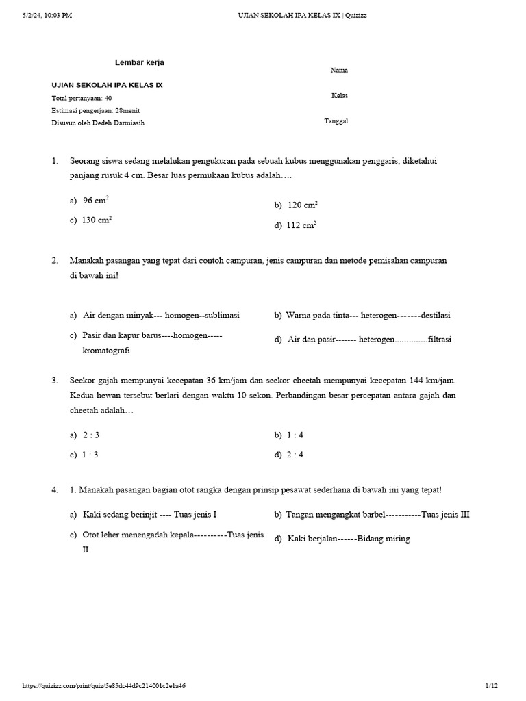 UJIAN SEKOLAH IPA KELAS IX - Quizizz | PDF