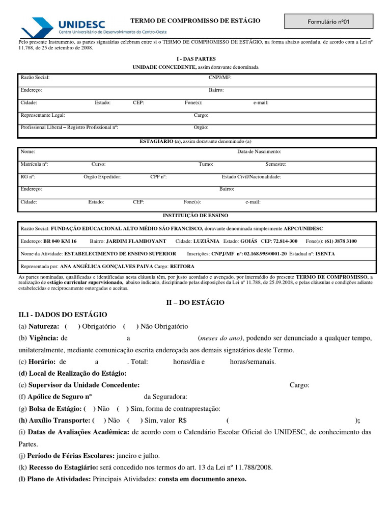Formul-Rio 01. Termo de Compromisso de Est-Gio - 1 - 2024 | PDF | Estágio | Procura de Emprego