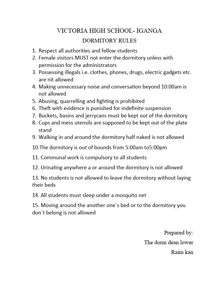Victoria High School Dormitory Rules | PDF