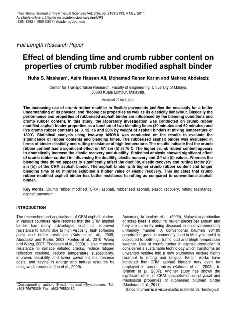 Effect of Blending Time and Crumb Rubber Content On Properties of Crumb ...