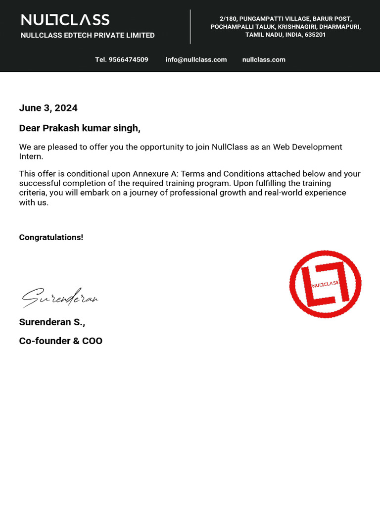 NullClass Web Development Internship Offer | PDF | Web Development