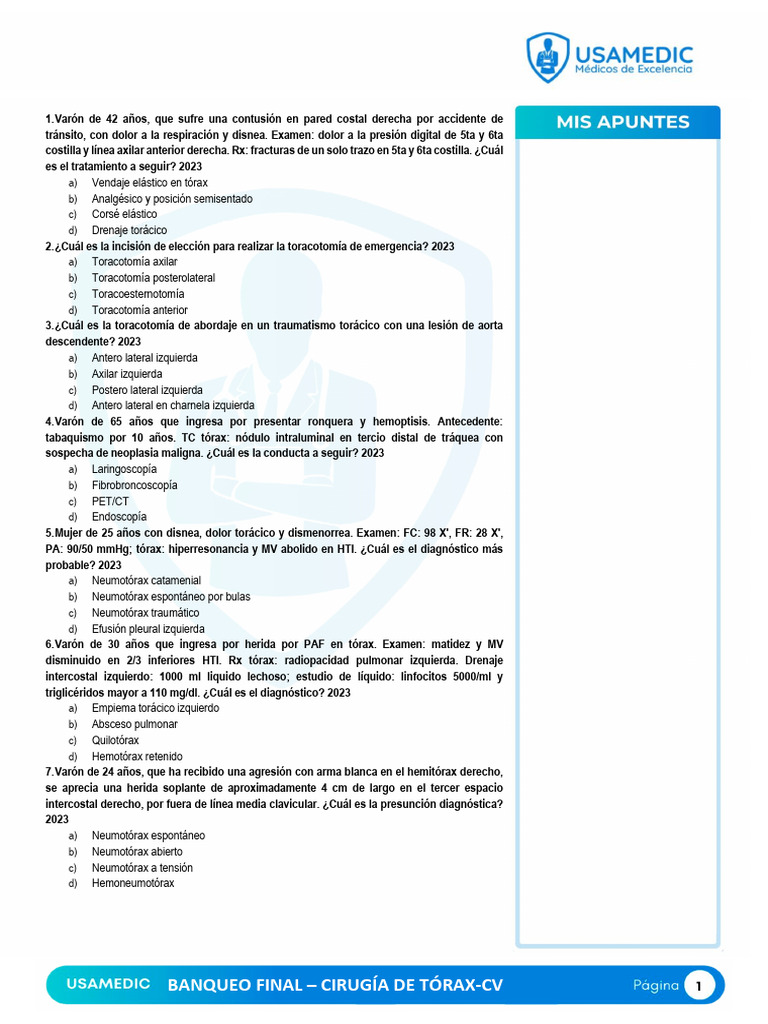 Cirugía de Tórax y Cardiovascular - Banqueo Final Usamedic 2024 | Descargar gratis PDF | Causas ...