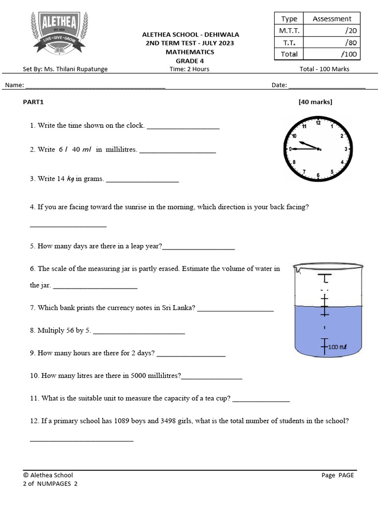 Term Test Grade 4 Maths 2023 | PDF | Litre | Numismatics