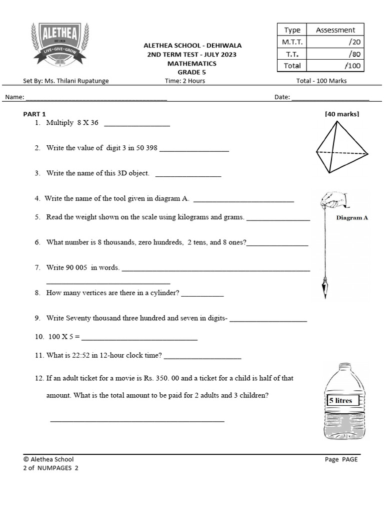 Term Test Grade 5 Maths 2023 | PDF | Litre