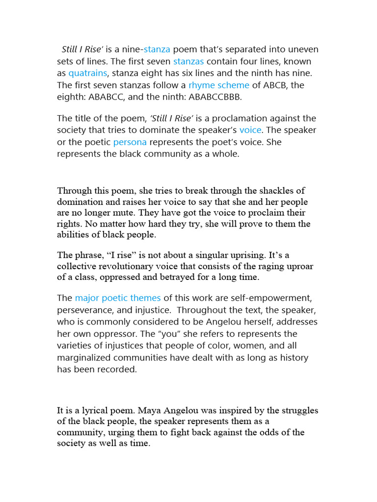 Analysis of Maya Angelou's 'Still I Rise' | PDF | Poetry