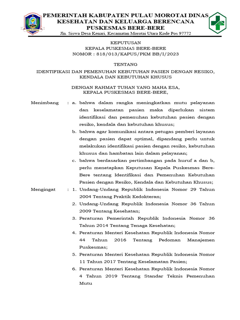 1.2.2b.3 (UKP) SK Identifikasi Dan Pemenuhan Kebutuhan Pasien DGN Resiko, Kendala Dan Kebutuhan ...