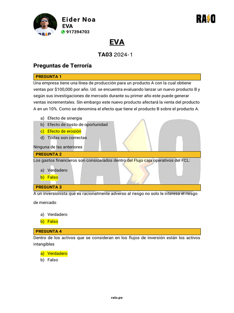 EVA Semana 5 TA3 2024-1 Raio TEORIA ACTUALIZADO | PDF | Flujo de caja descontado | Flujo de efectivo