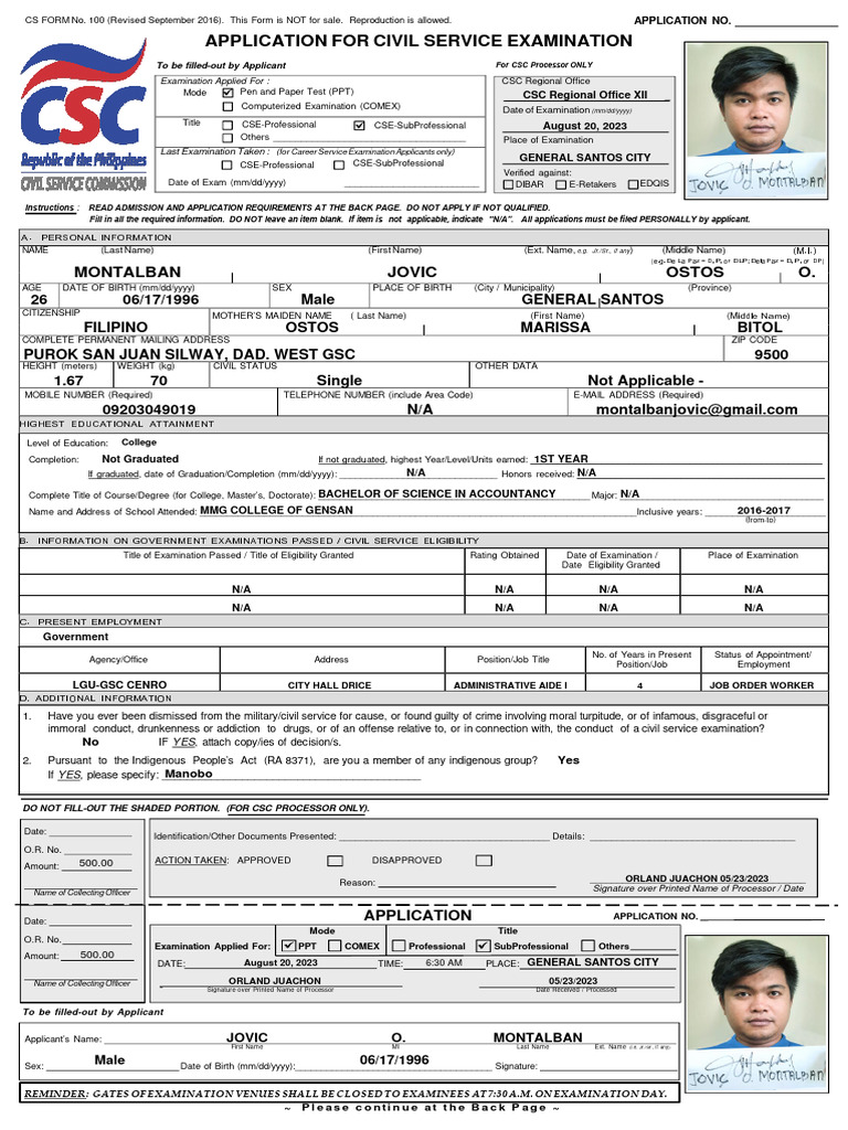 Civil Service Exam Application Form | PDF | Identity Document