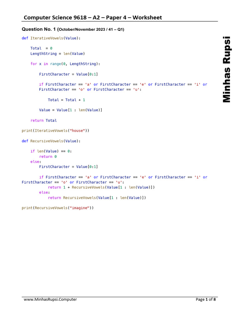 Worksheet - A2 - Paper 4 - Marking Scheme | PDF | Computer Programming