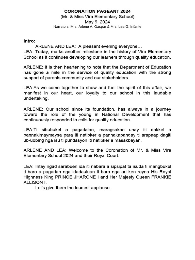 Coronation Pageant 2024-Vira Elem Day | PDF | Wellness | Religion & Spirituality