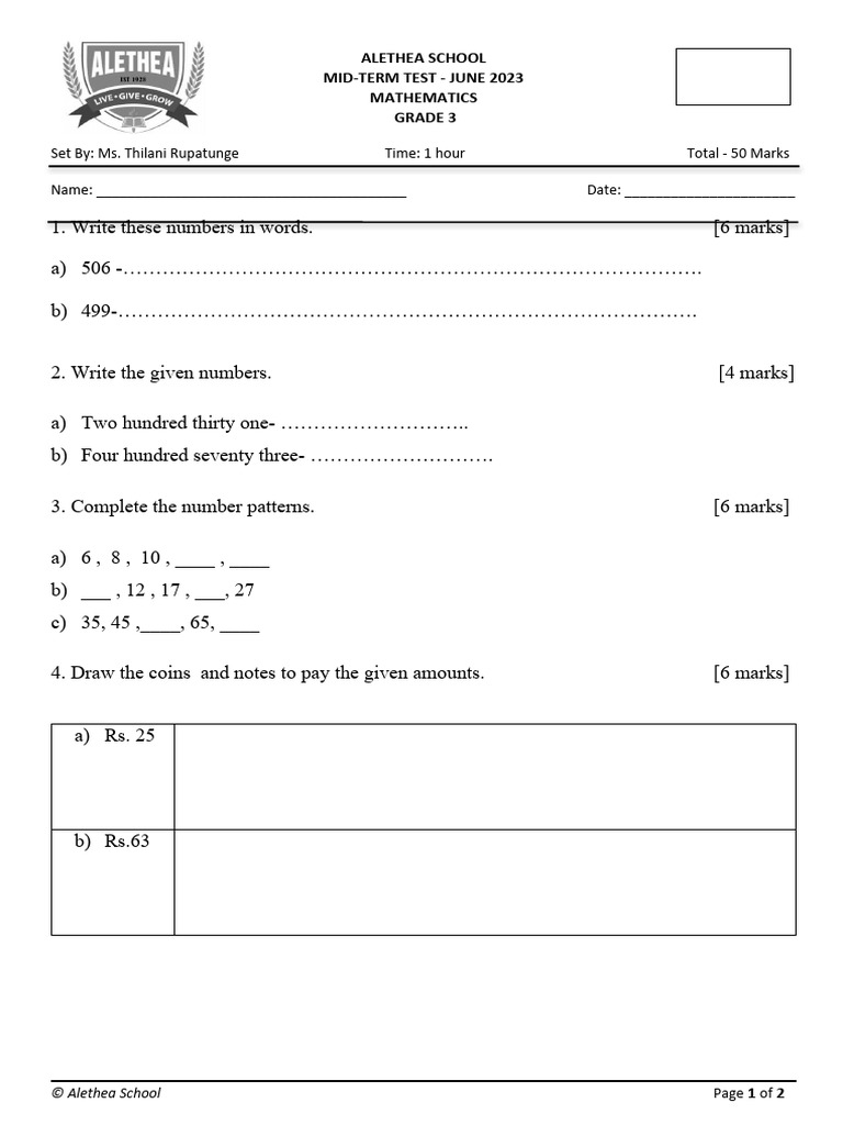 Maths - Gr3 - T2 - 2023 Mid Term Test | PDF