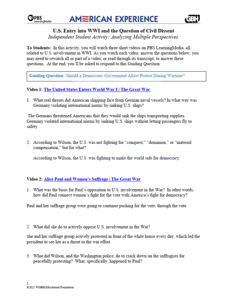 U.S. Entry Into WWI and The Question of Civil Dissent | PDF | World War ...