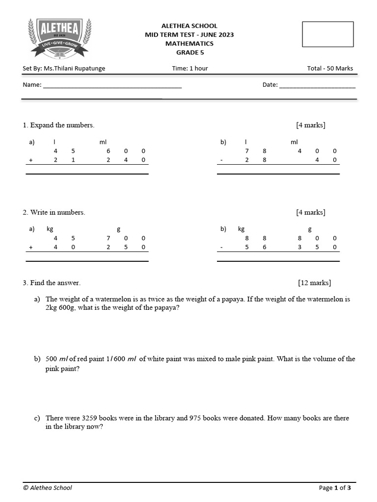 Maths - Gr5 - T2 - 2023 Mid Term Test | PDF | Discrete Mathematics ...