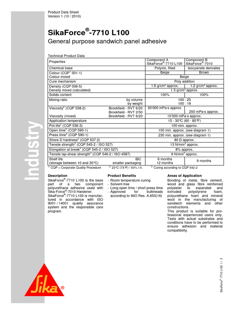 SikaForce®-7710 L100 Adhesive Data Sheet | PDF | Viscosity | Polyurethane