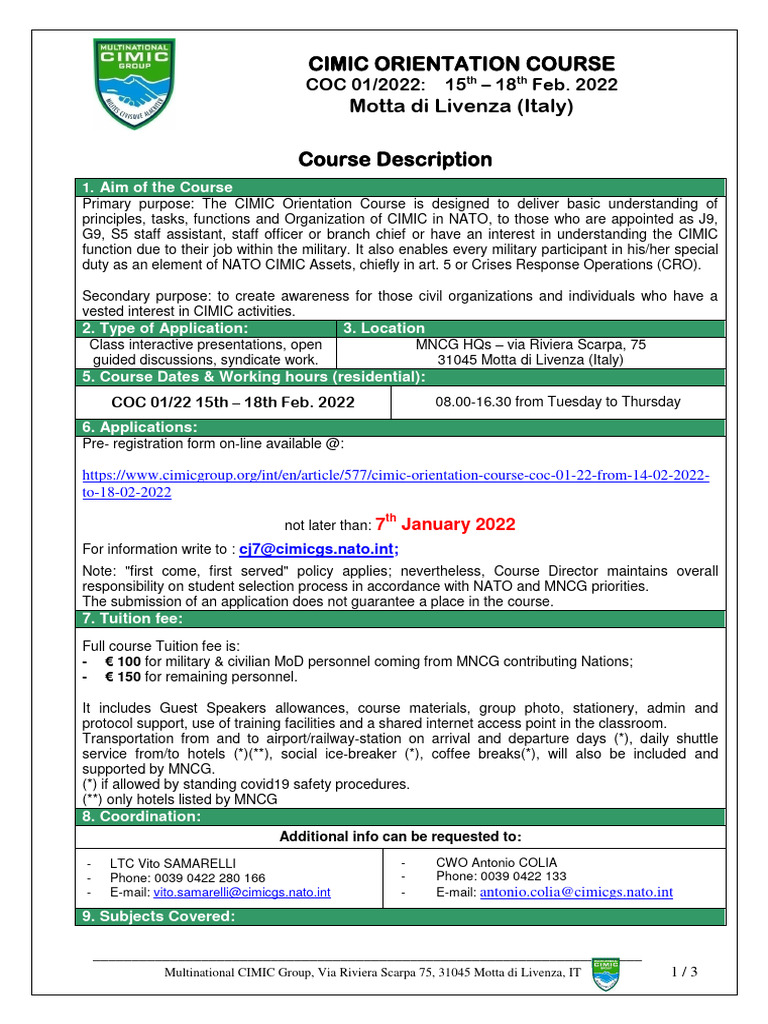 CIMIC Orientation Course Details 2022 | PDF