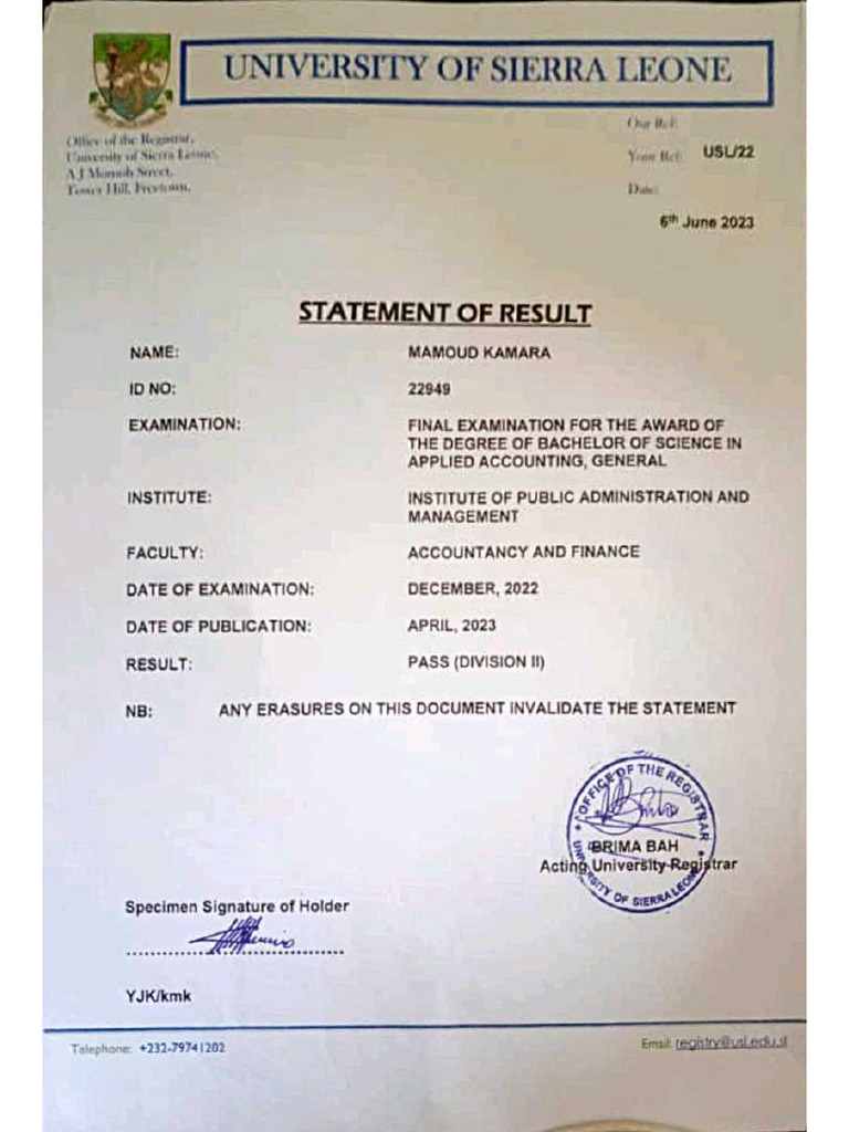 Mamoud Kamara Statement of Result | PDF
