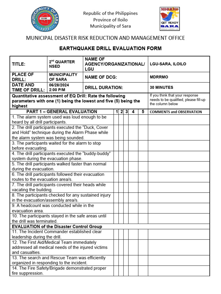 EQ DRILL EVALUATION FORM | Download Free PDF | Emergency Evacuation | Emergency Management