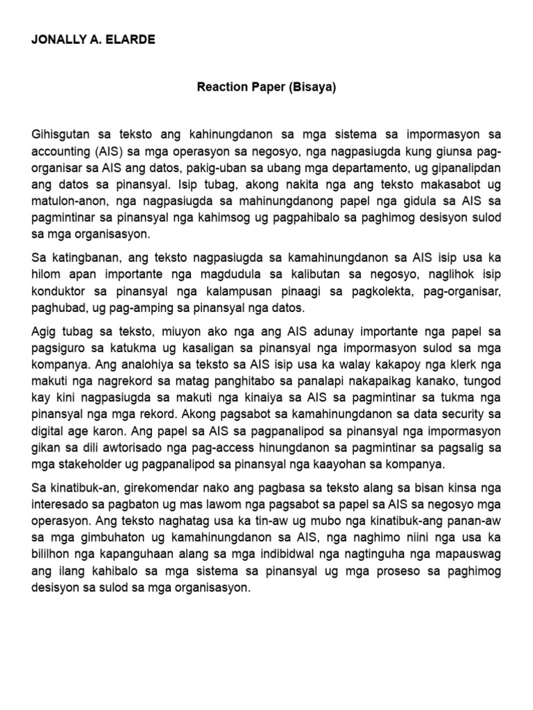 AIS ( Reaction paper- Bisaya) - Elarde | PDF