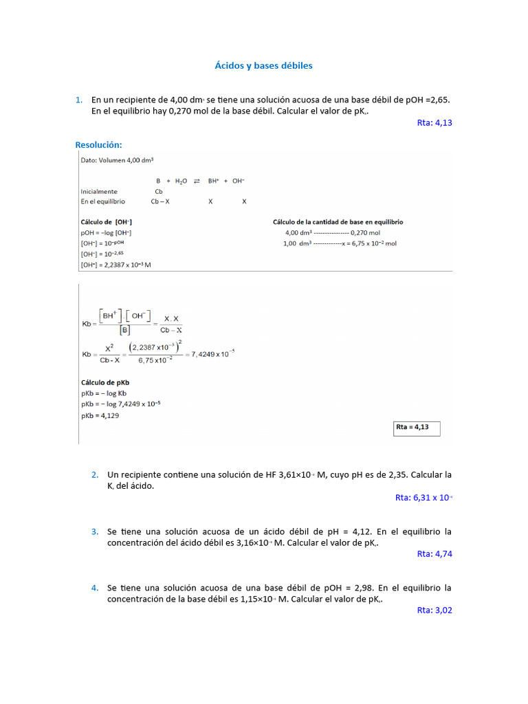 Resueltos de Ácidos y Bases Débiles | PDF | Ecuaciones | Ph