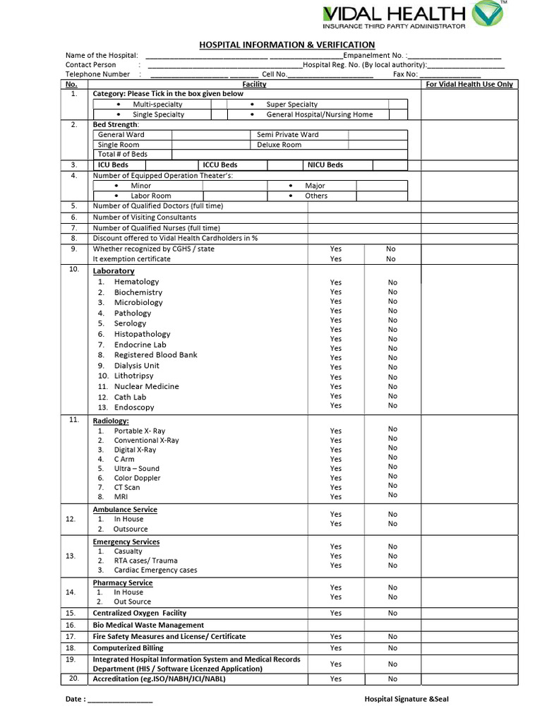 Hospital Information & Verification Sheet | PDF | Hospital | Clinical Medicine