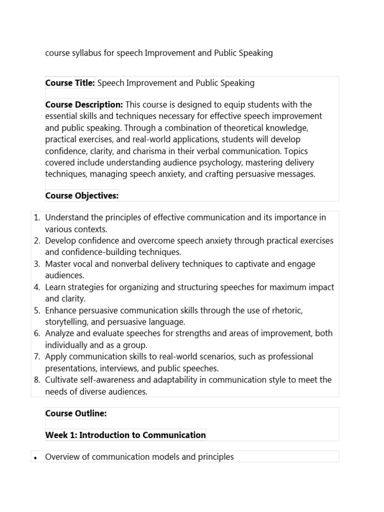 Course Syllabus For Speech Improvement and Public Speaking | PDF ...