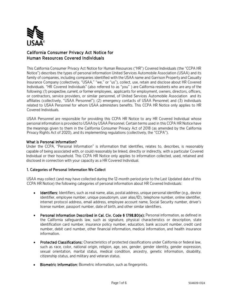 Ccpa Disclosure HR Covered Individuals | PDF | Identity Document ...