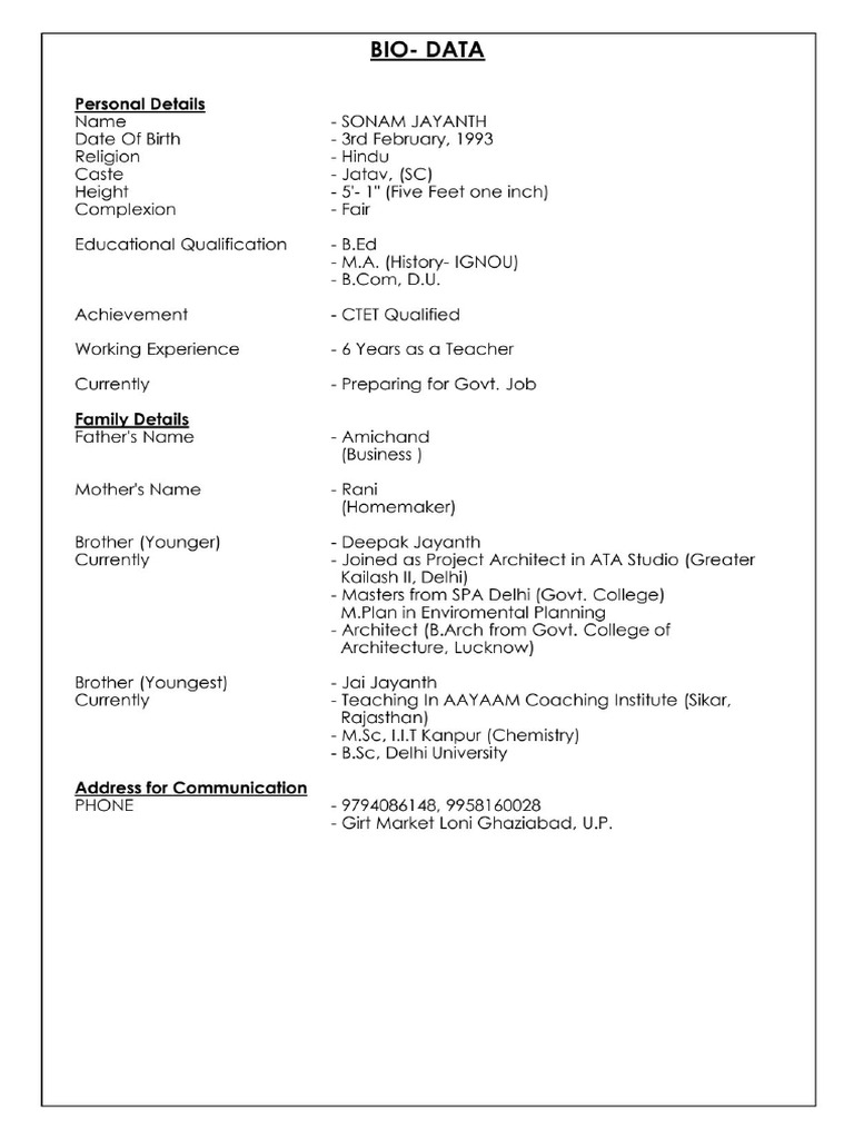 Sonam - Bio Data | PDF