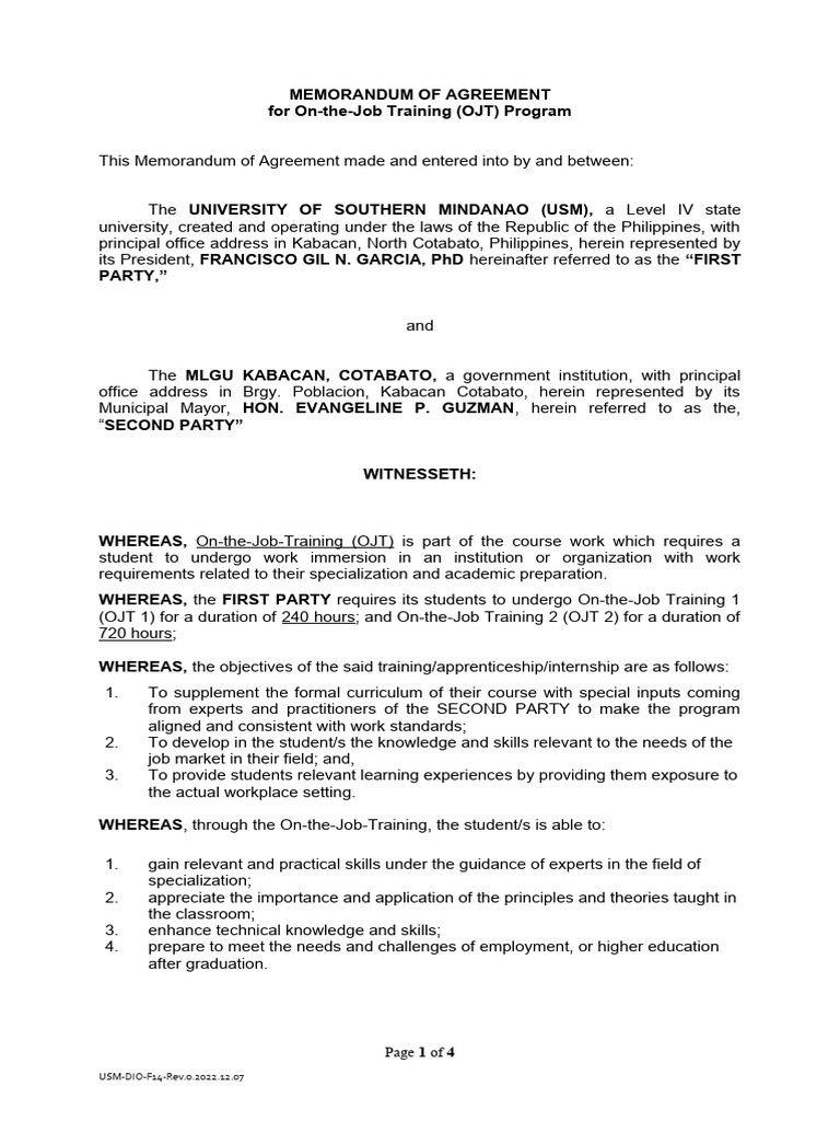 USM DIO F14 Rev.0.2022.12.07 Rev0 Memorandum of Agreement For On The ...