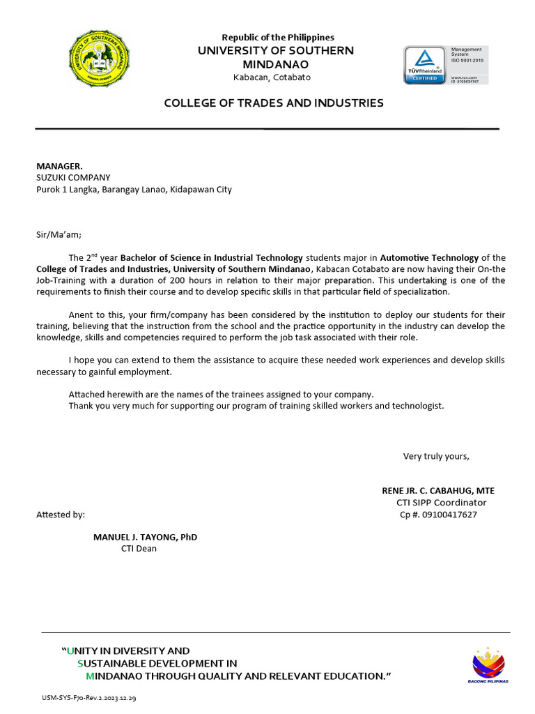 Letter To The Company | PDF | Vocational Education
