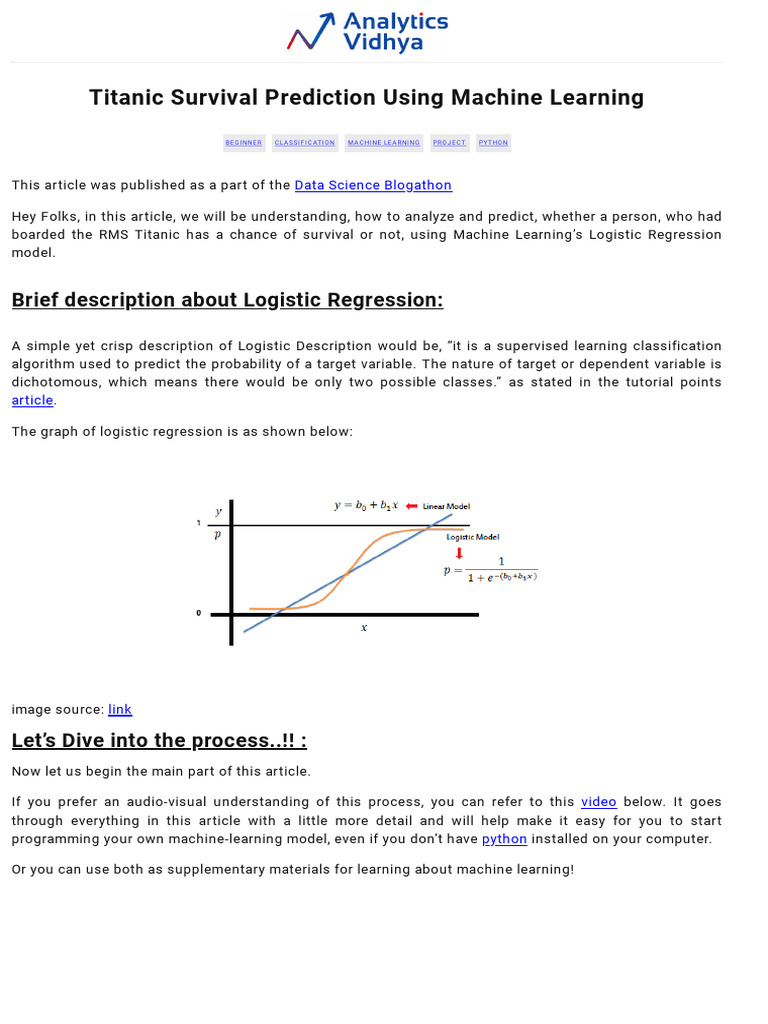 Titanic Survival Prediction Using Machine Learning | PDF | Machine Learning | Logistic Regression